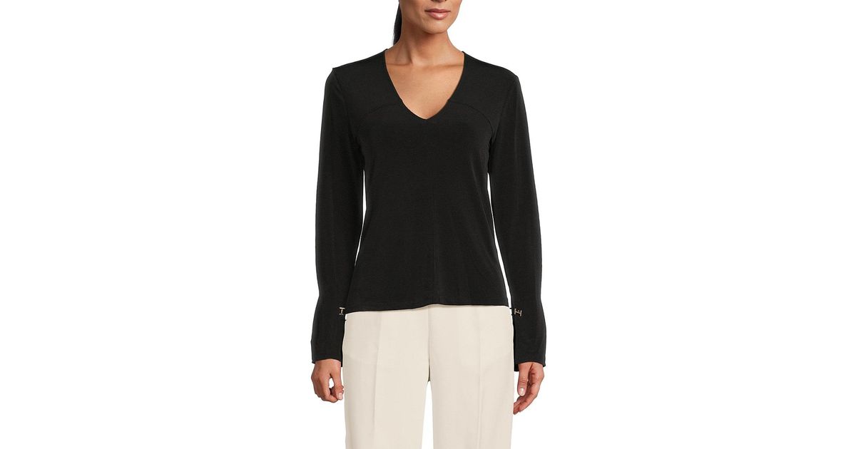 Halston Logo Long Sleeve Top in Black | Lyst