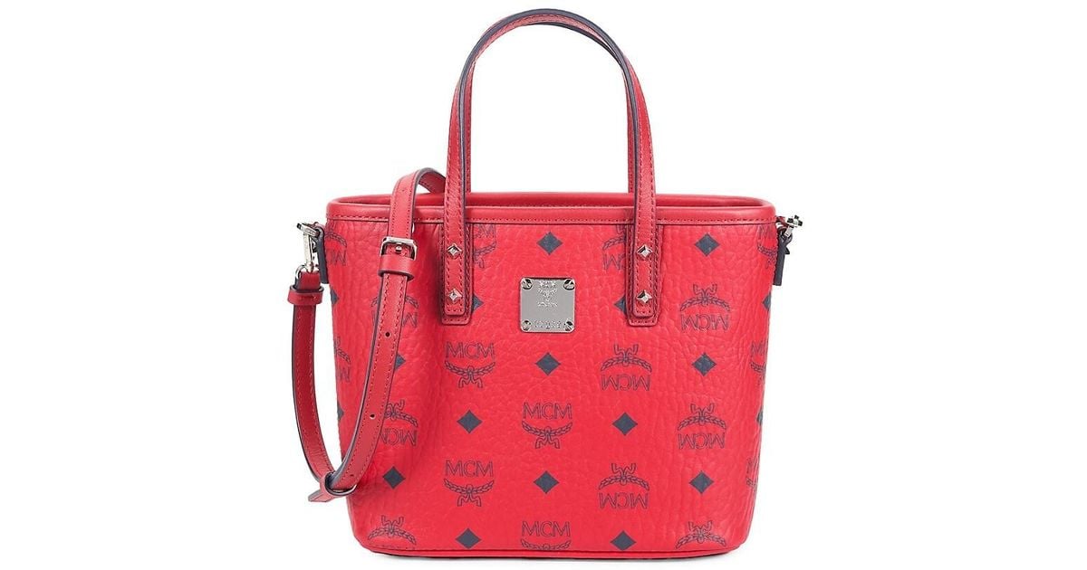 MCM Mini Aren Visetos Monogram Coated Canvas Top Handle Bag in Red | Lyst