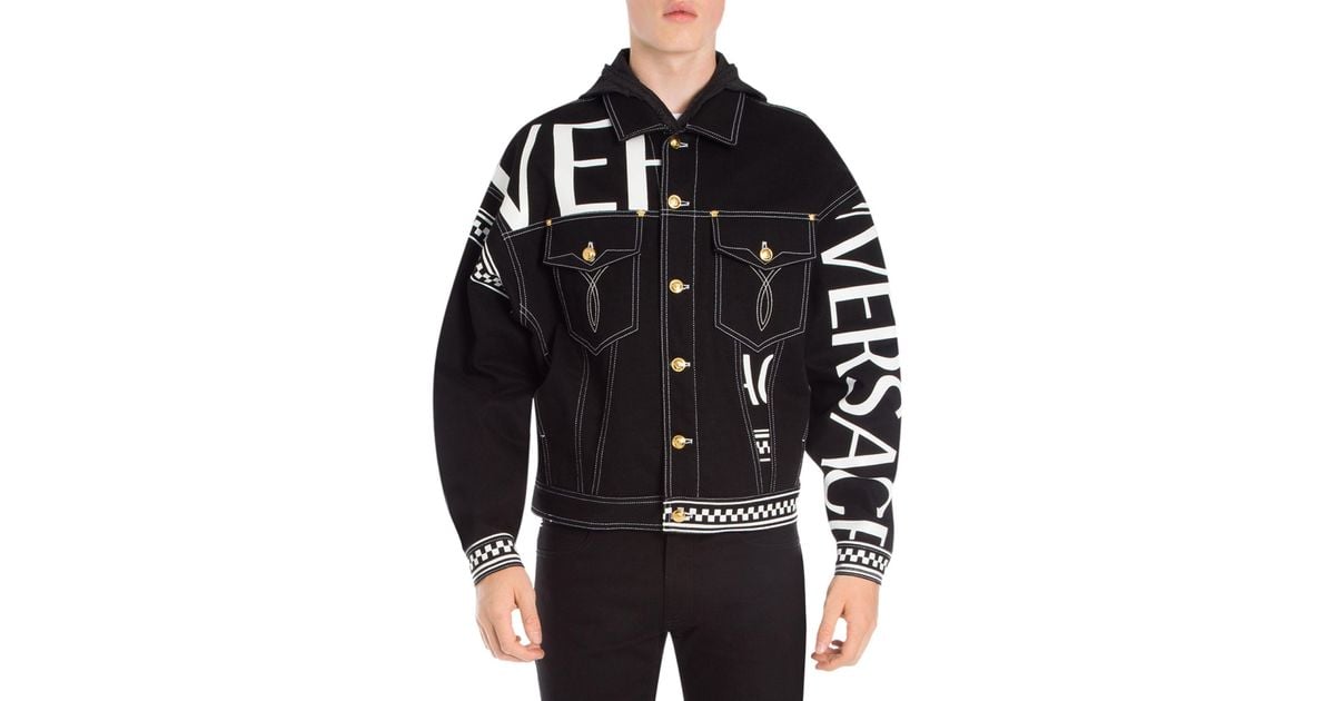 Versace Logo Check Print Denim Jacket in Nero (Black) for Men | Lyst