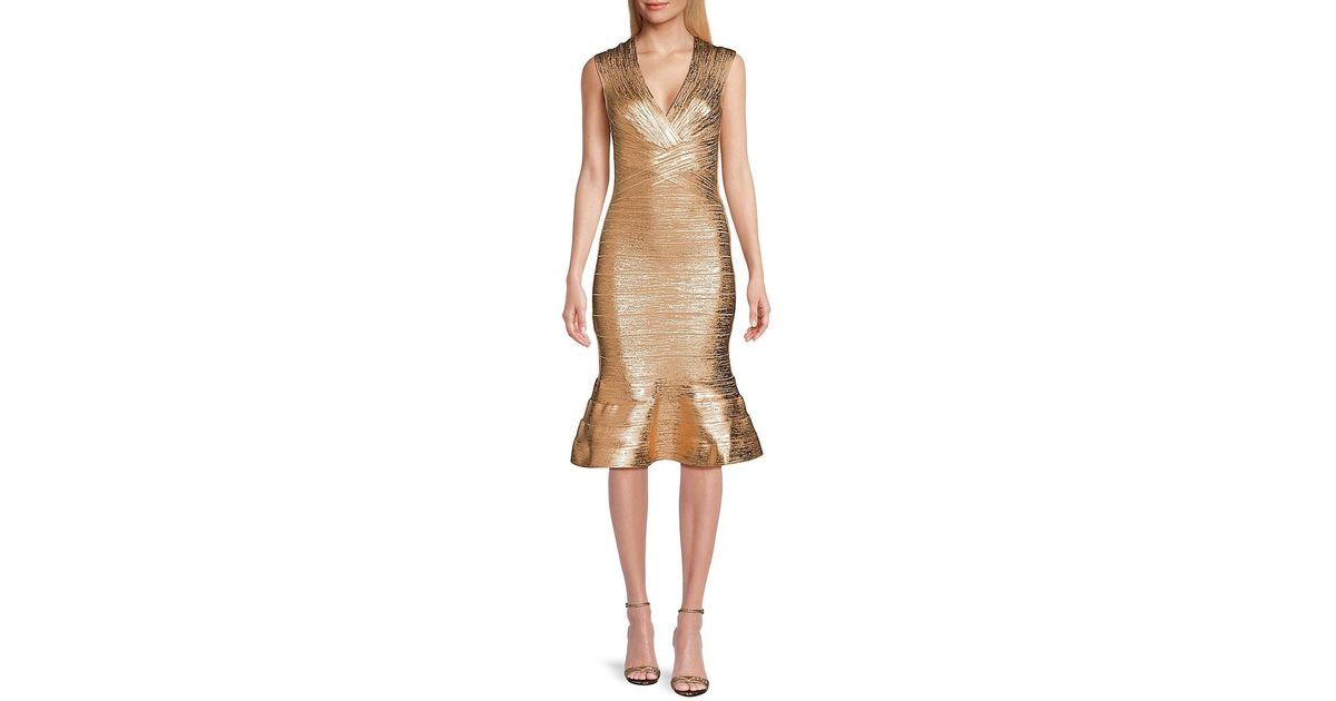 Hervé Léger Sophie Metallic Bandage Midi Trumpet Dress in Natural | Lyst