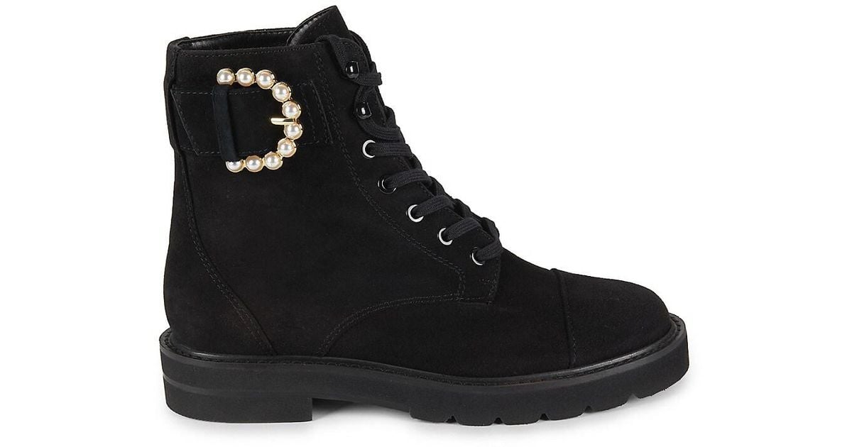 Stuart Weitzman Piper Lift Embellished Buckle Suede Boots in Black | Lyst