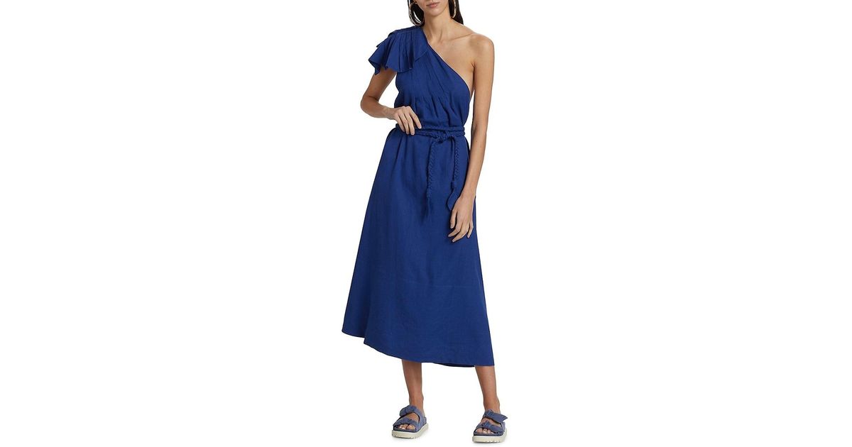 FARM Rio One-shoulder Linen-blend Belted Midi-dress in Blue | Lyst