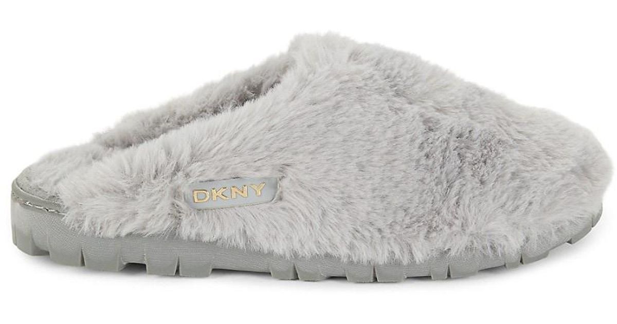 DKNY Jerra Faux Fur Slippers in Gray | Lyst