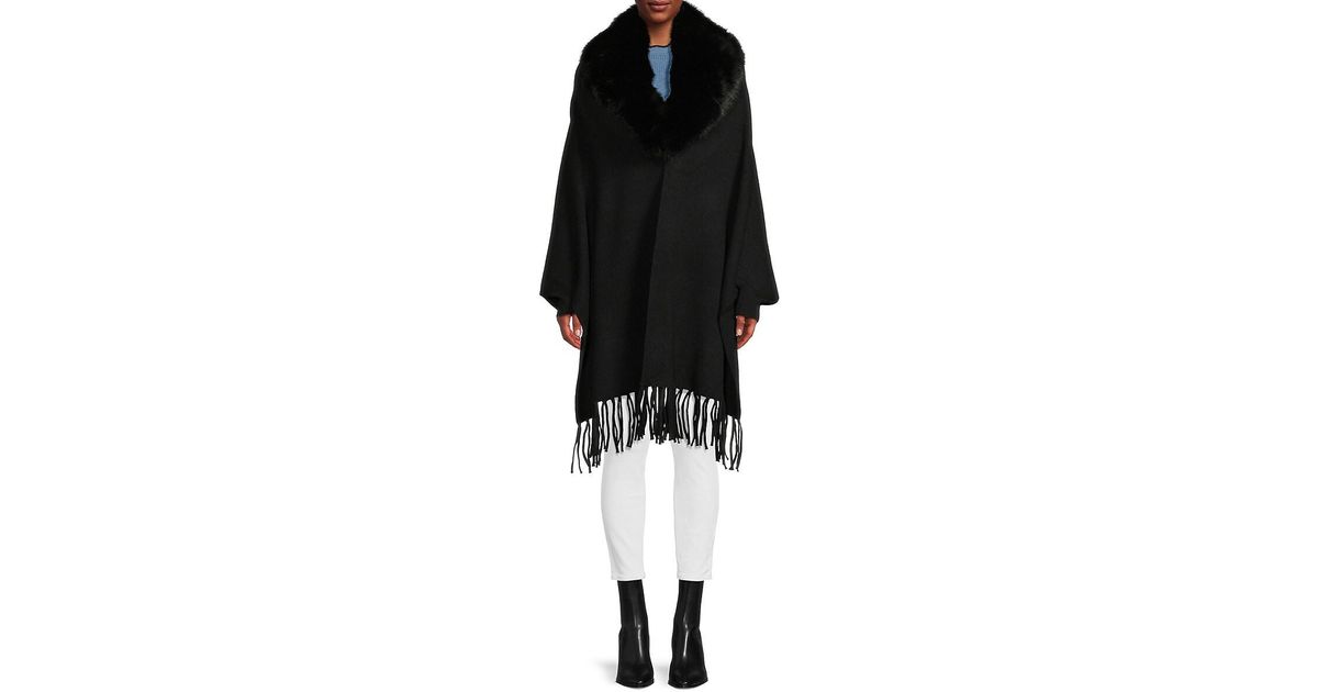 BELLE FARE BY MING YANG Plaid Removable Faux Fur Collar Cape in Black ...