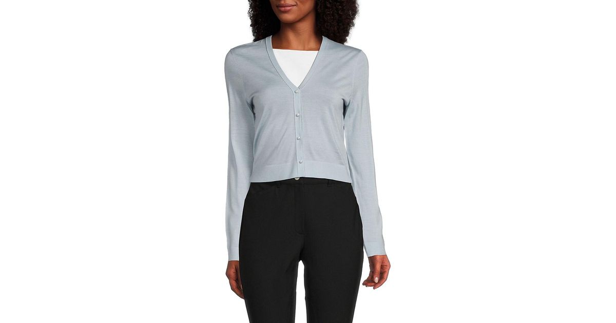 Theory Merino Wool Blend Cropped Cardigan in Gray | Lyst