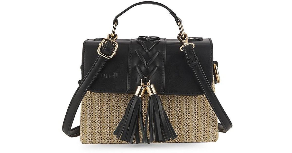 Surell Woven Straw & Vegan Leather Top-handle Bag in Black | Lyst UK