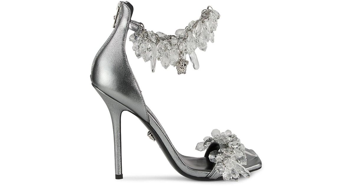 Versace 114Mm Crystal Leather Stiletto Sandals in Metallic | Lyst