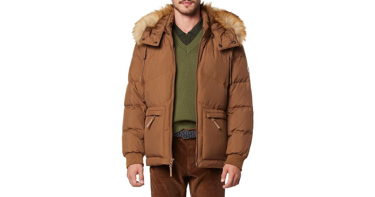 Andrew Marc Gramercy Faux Fur Trim Down Parka in Brown for Men | Lyst