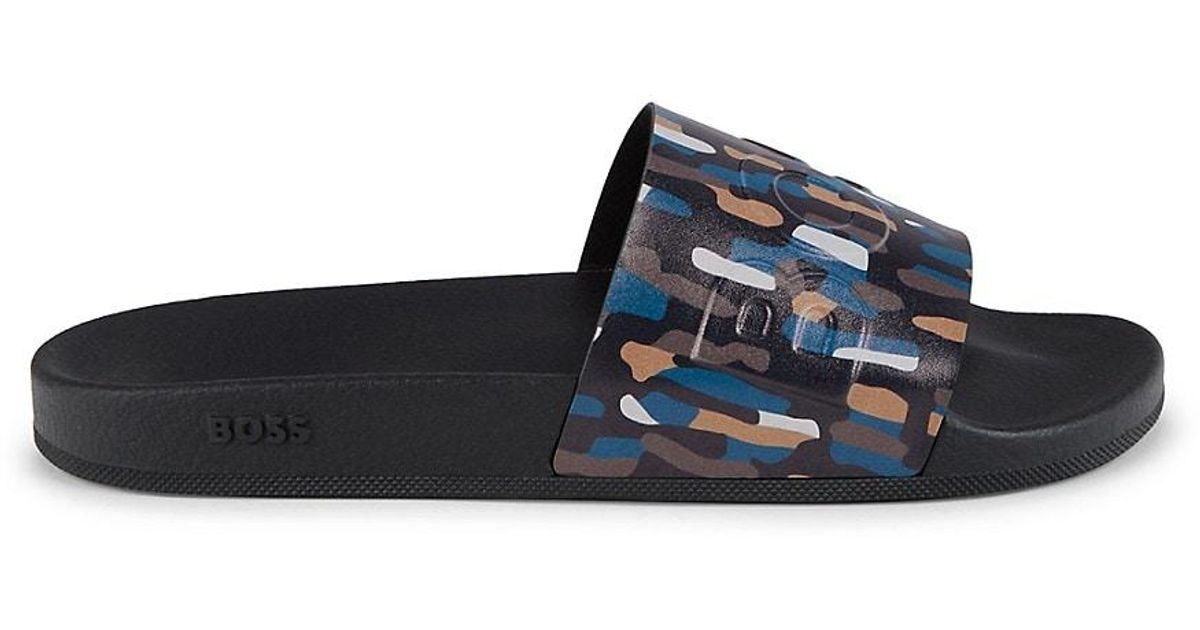 BOSS by HUGO BOSS Camouflage Logo Slides in Blue for Men | Lyst UK