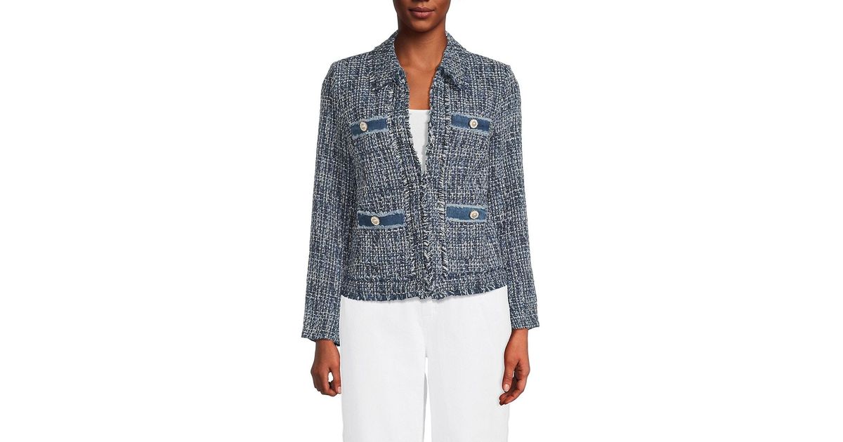 Nanette Lepore Metallic Tweed Frayed Trim Cropped Jacket in Blue | Lyst UK