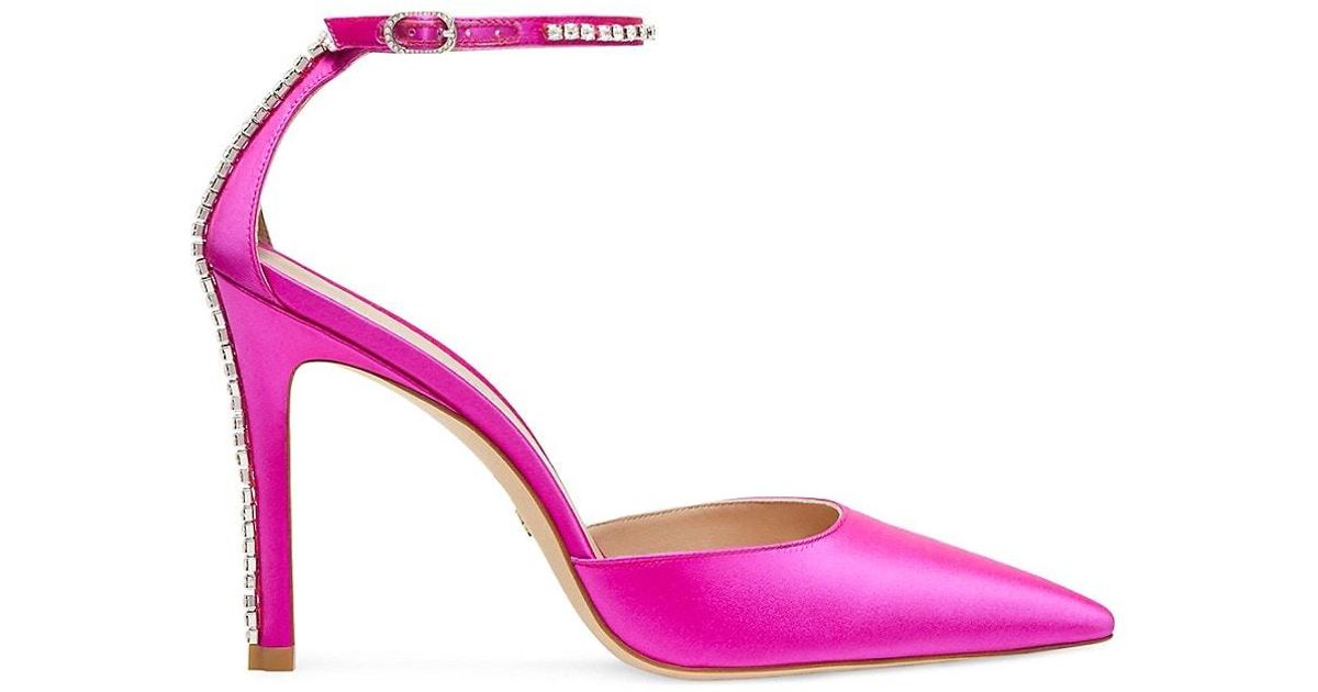 Stuart Weitzman Glam 3.9" Crystal Embellished Satin Pumps in Pink | Lyst
