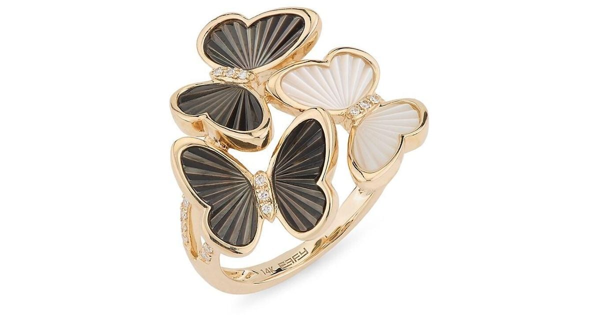 Effy 14K, Two Tone Mother Of Pearl & Diamond Butterfly Ring in White | Lyst