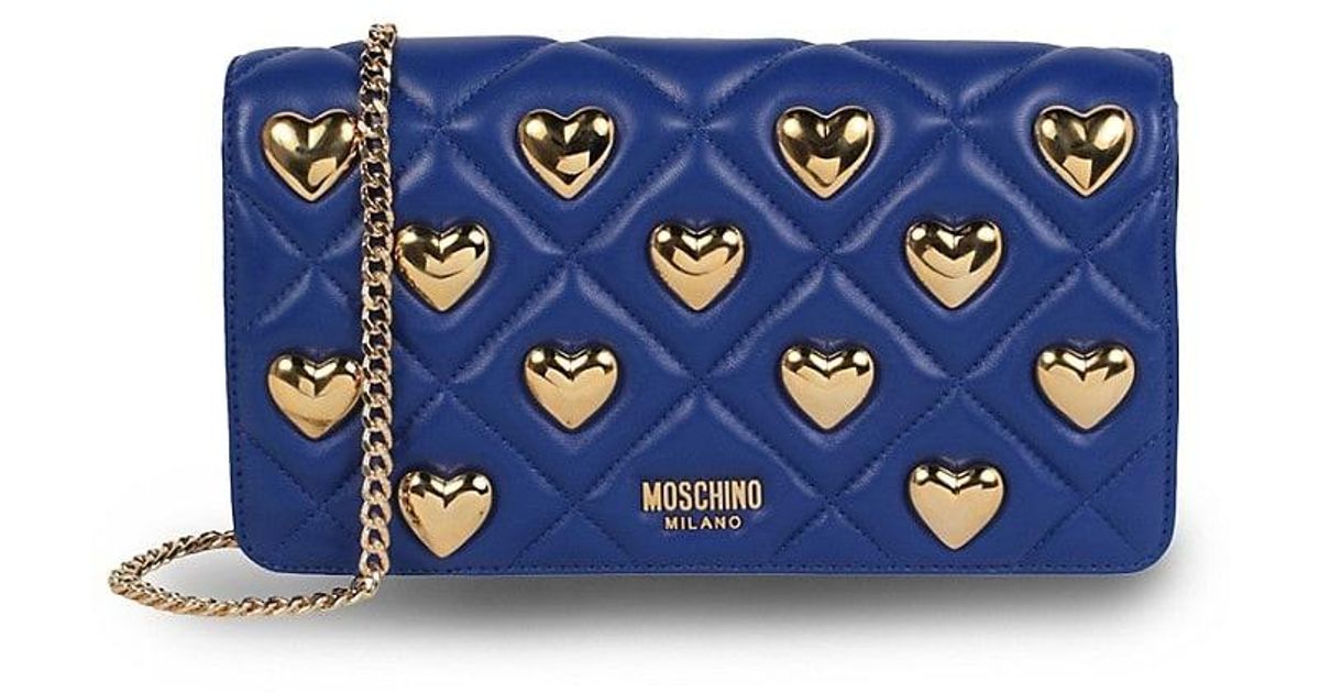 Moschino Heart Studded Quilted Leather Crossbody Bag in Blue | Lyst