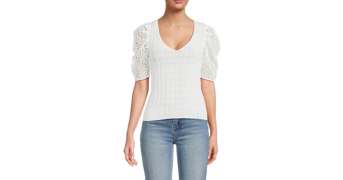 Donna Karan Crochet Puff Sleeve Sweater In White Lyst