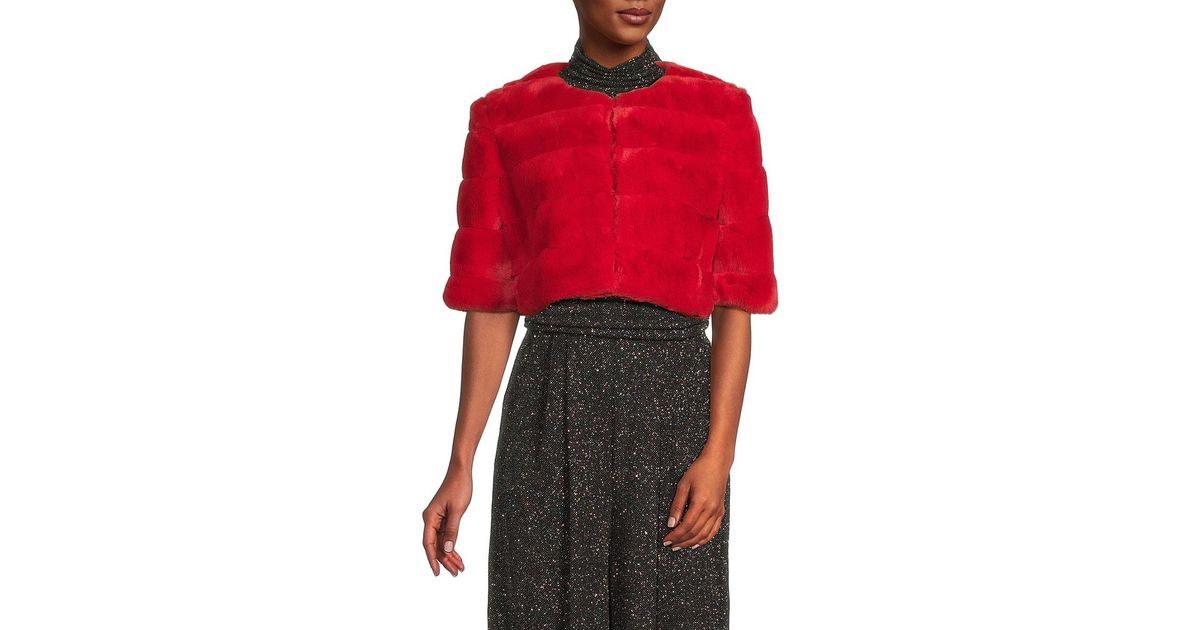 Eliza J Faux Fur Cropped Cardigan in Red | Lyst