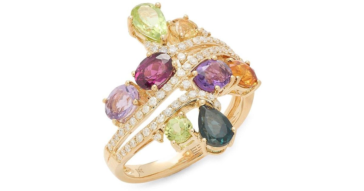 Effy 14K, 0.28 Tcw Diamond & Multi-Stone Cluster Ring | Lyst