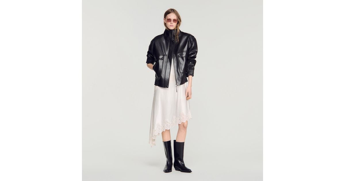 Sandro Standing Collar Leather Jacket in Black | Lyst UK