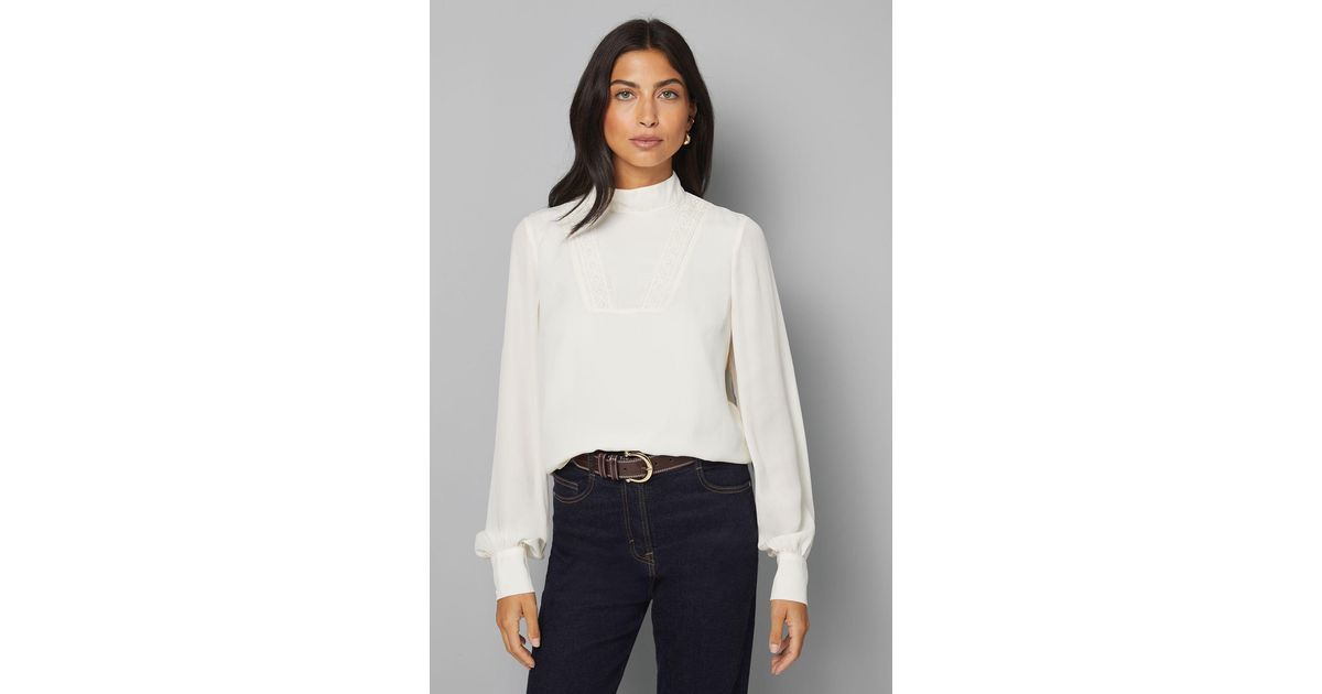 Wallis Lace Insert High Neck Blouse in White | Lyst UK