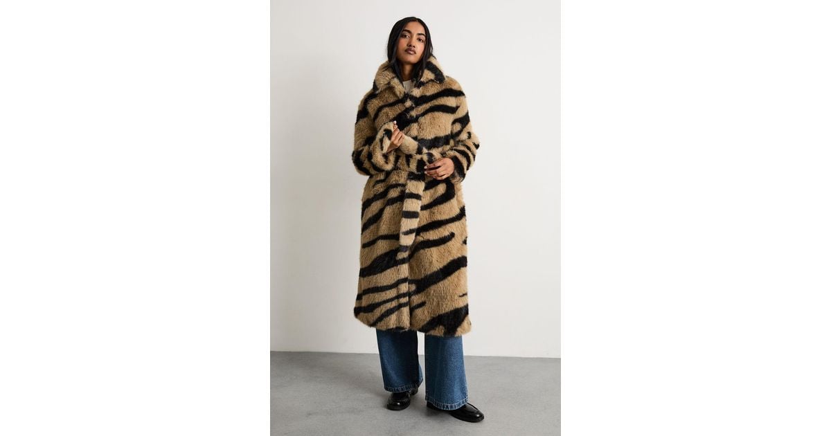Warehouse Faux Fur Zebra Print Coat | Lyst UK
