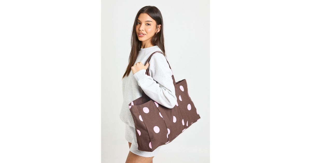 Boohoo Polka Dot Detail Canvas Tote Bag in White | Lyst UK