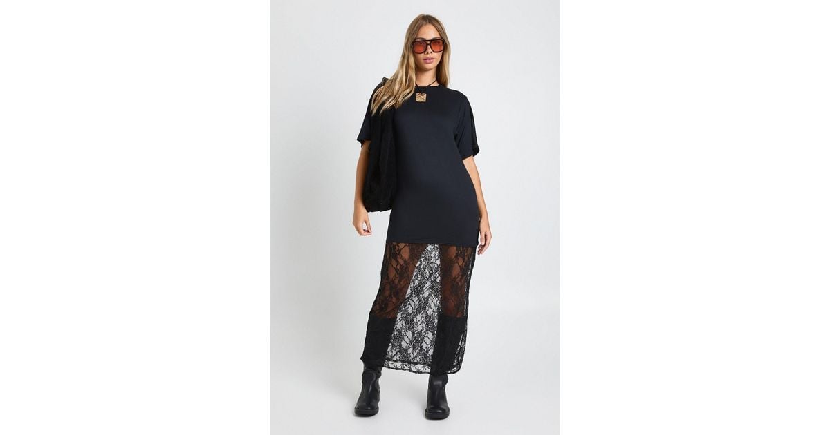 Boohoo Petite Lace Detail Midaxi T-Shirt Dress in Black | Lyst UK