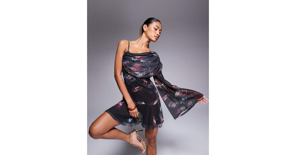 ASOS Draped One Sleeve With Asym Drape Mini Dress in Grey | Lyst UK