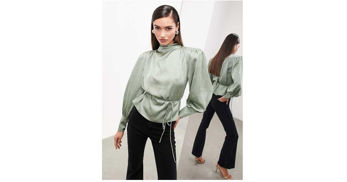 ASOS Hammered Satin Bold Shoulder Cropped Blouse With Removable Tie in ...