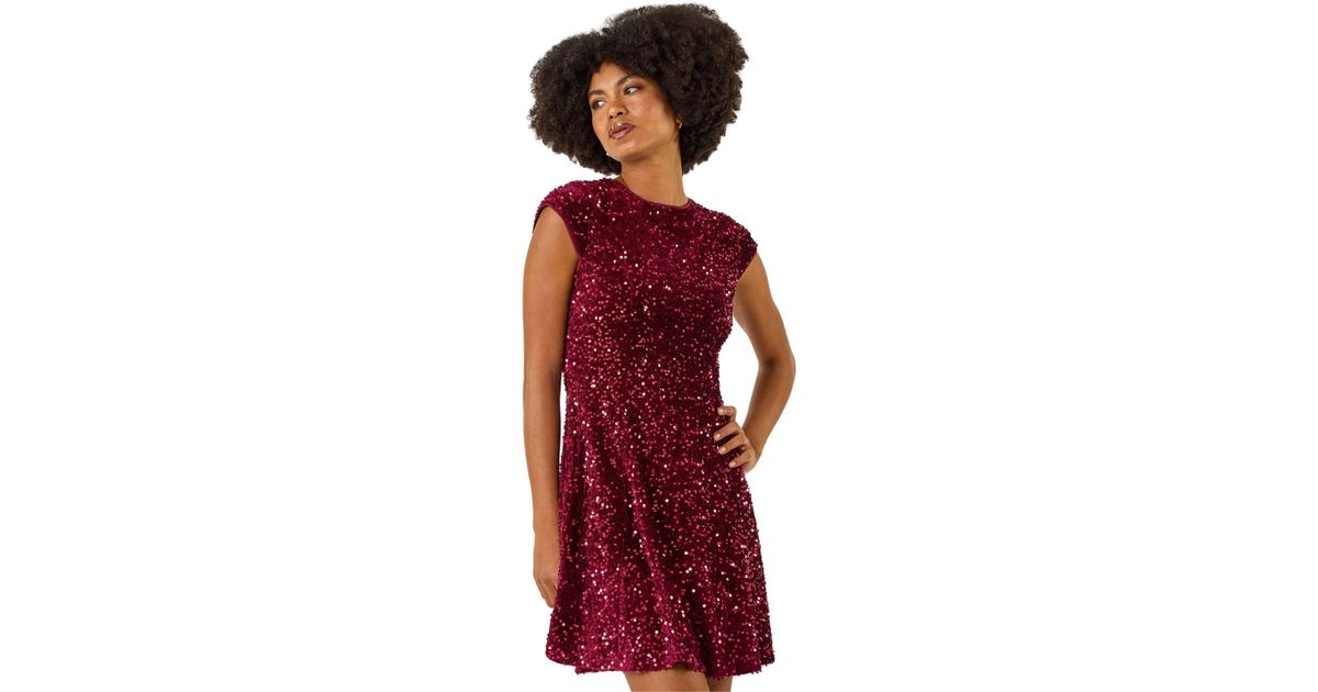 Roman Sequin Bow Back Flare Dress in Red | Lyst UK