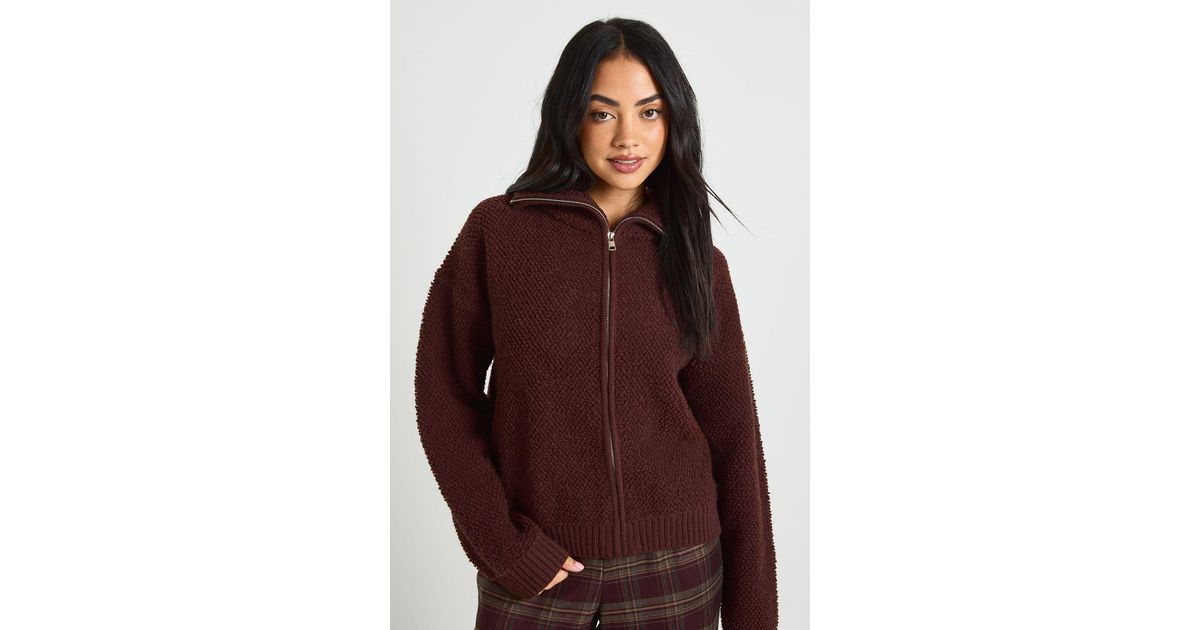 Boohoo Chunky Boucle Knit Zip Through Jumper in Red | Lyst UK