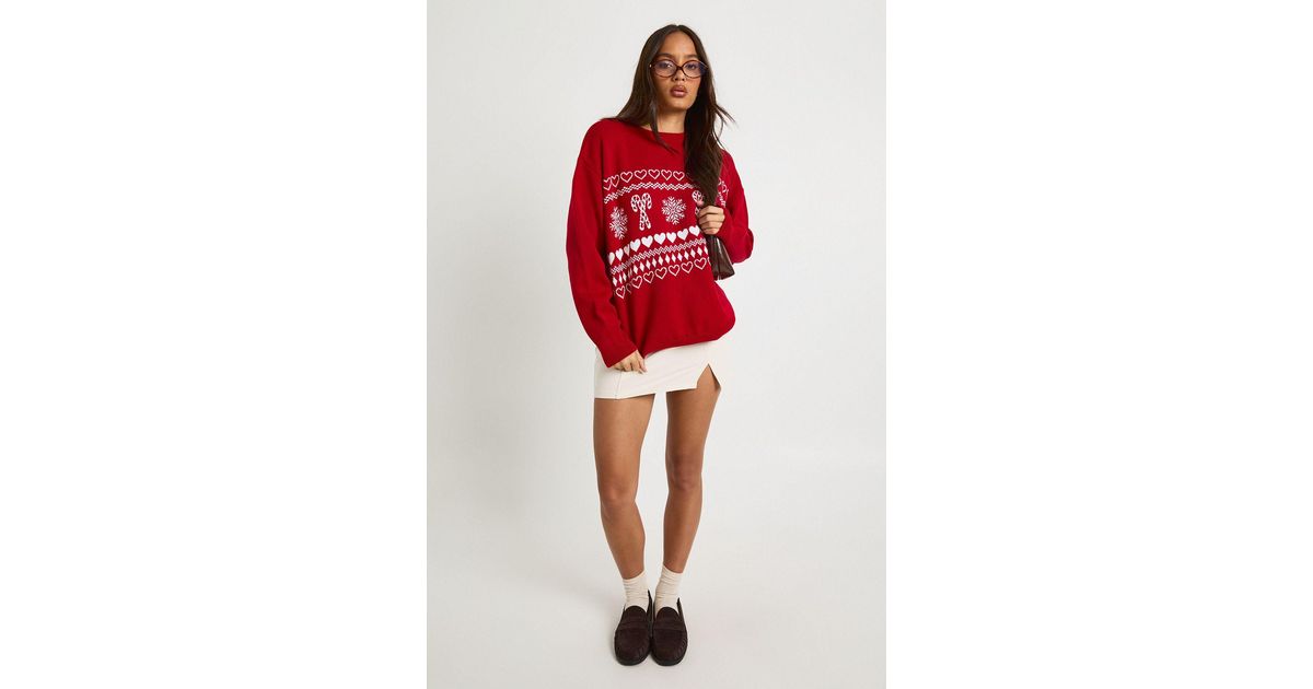 Boohoo Candy Cane Longline Christmas Jumper in Red | Lyst UK