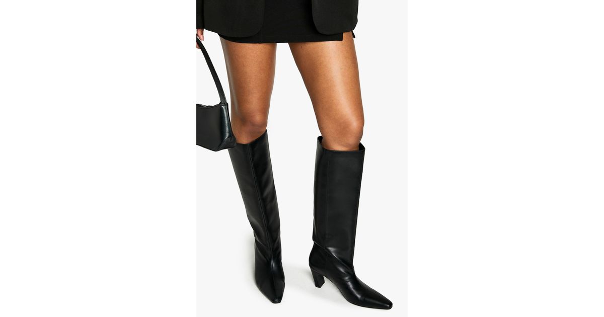 Boohoo Flared Heel Column Pointed Knee High Boots in Black | Lyst UK
