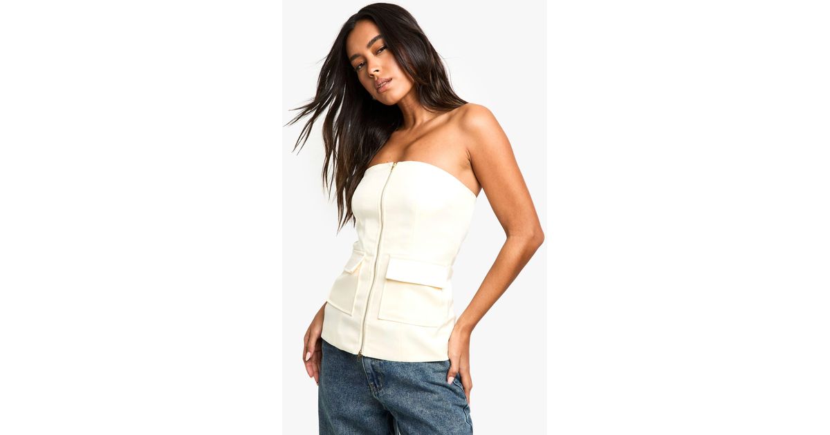 Boohoo Longline Zip Front Tailored Bandeau Top in White | Lyst UK