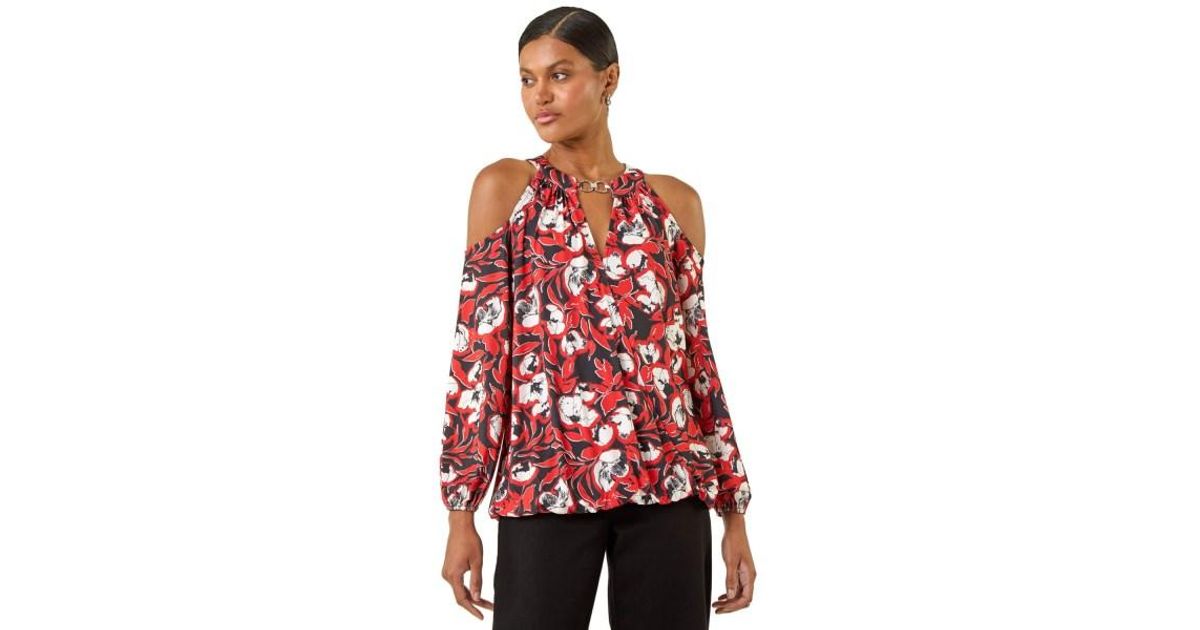 Roman Printed Cold Shoulder Stretch Top in Red | Lyst UK