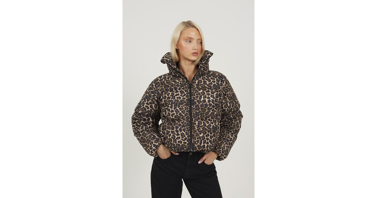 Brave Soul Leopard Print Short Puffer Jacket With Oversized Collar in ...