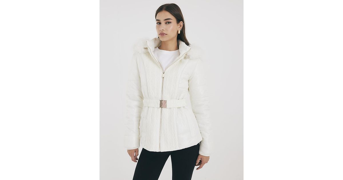 River Island Padded Coat Slim Faux Fur Hooded in White | Lyst UK