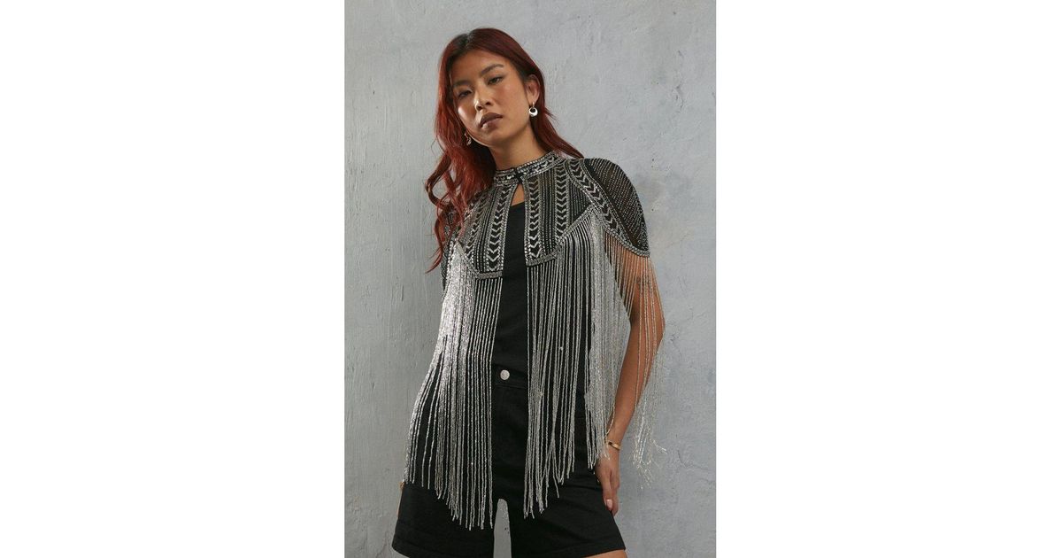Warehouse Premium Star Sequin Embellished Fringe Cape in Grey | Lyst UK