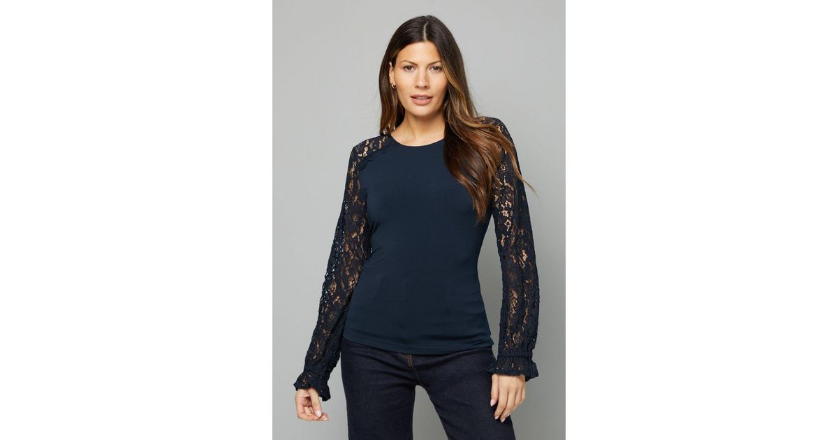 Wallis Lace Sleeve Jersey Top in Blue | Lyst UK