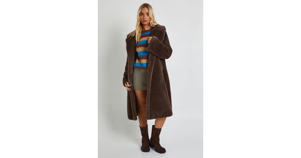 Boohoo Belted Maxi Faux Fur Coat in Brown | Lyst UK