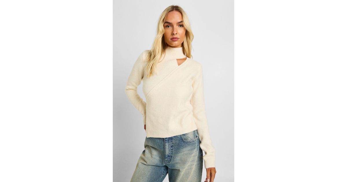 Boohoo Wrap Detail High Neck Knitted Jumper in Natural | Lyst UK