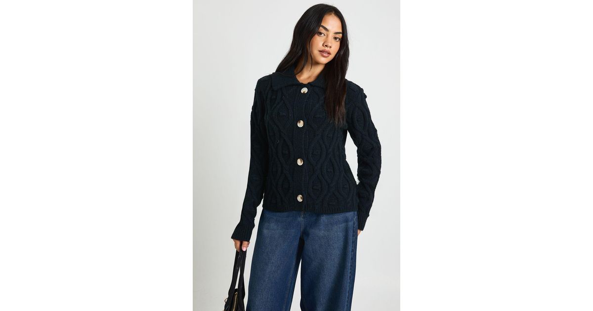 Boohoo Chunky Cable Knit Collared Cardigan in Blue | Lyst UK
