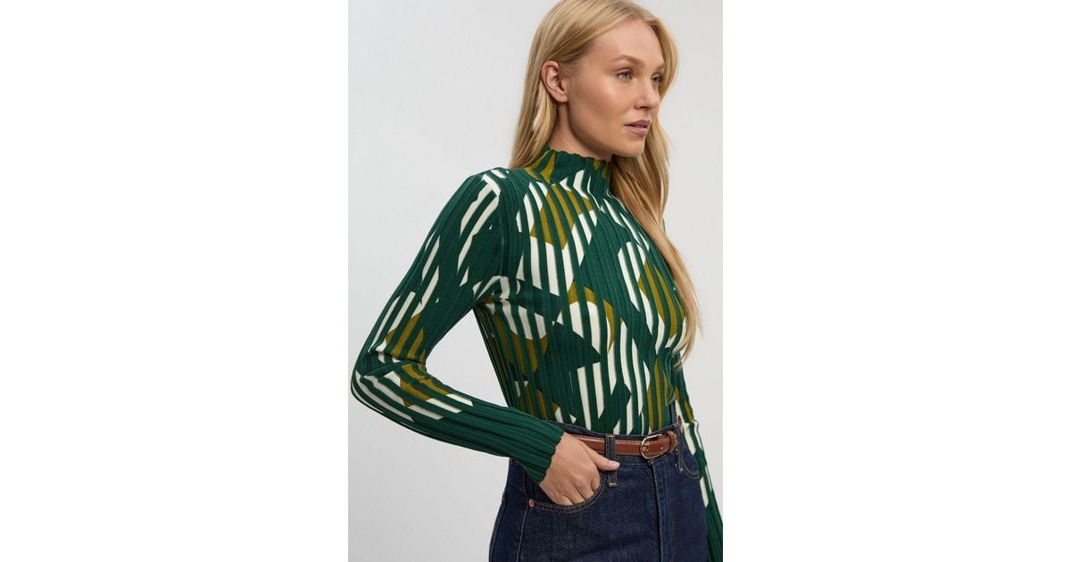 Karen Millen Geo Jacquard Knit Long Sleeve Top in Green | Lyst UK