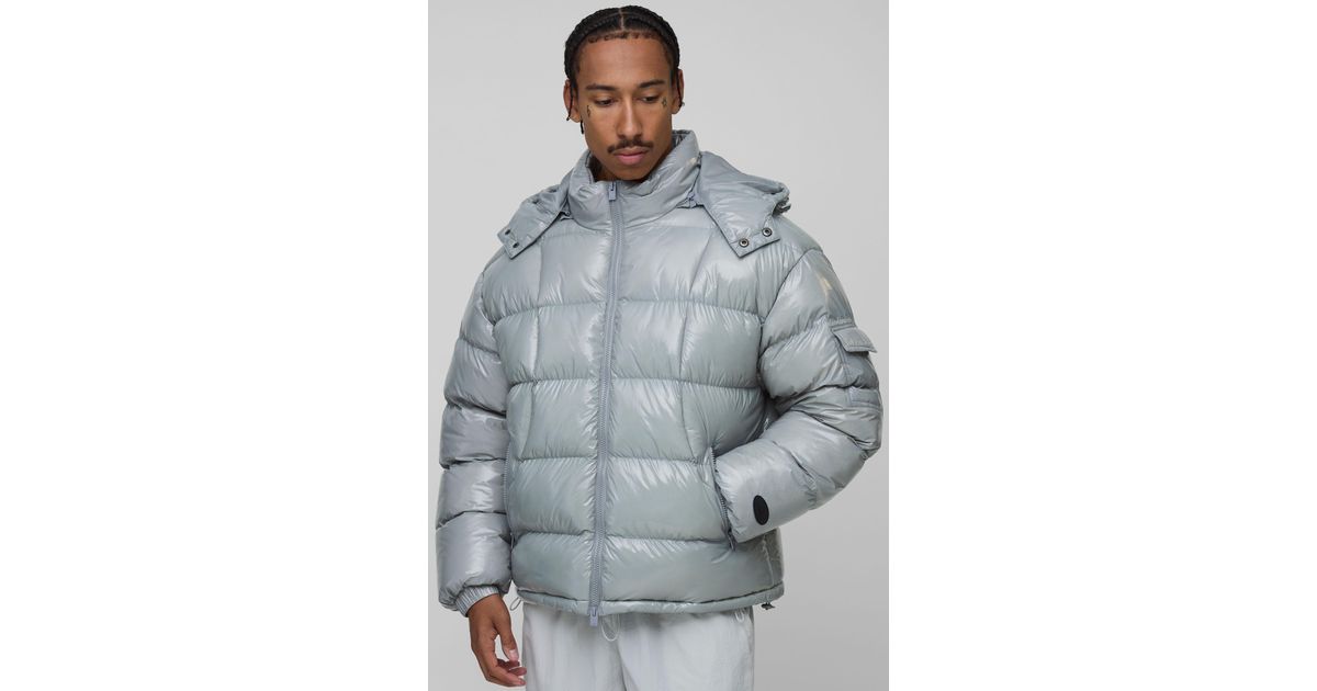 BoohooMAN Regular Fit High Shine Quilted Hooded Puffer Jacket in Grey ...