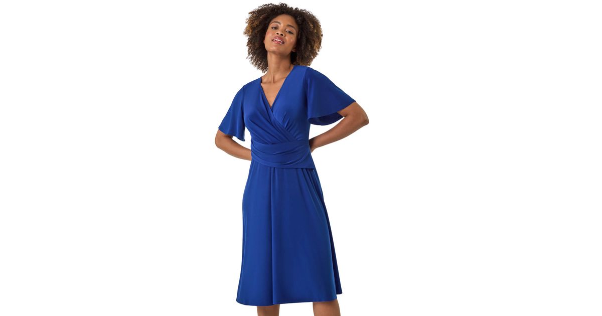 Roman Wrap Over Stretch Midi Dress in Blue | Lyst UK