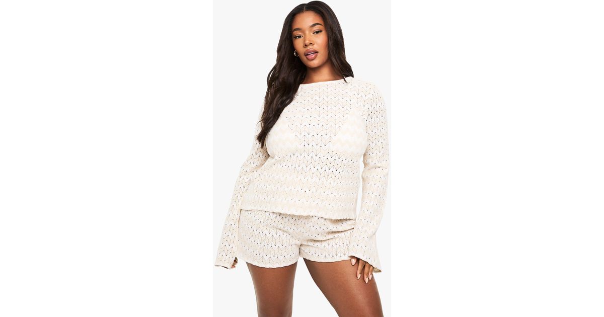 Boohoo Plus Zig Zag Knitted Tie Front Beach Top in White | Lyst UK