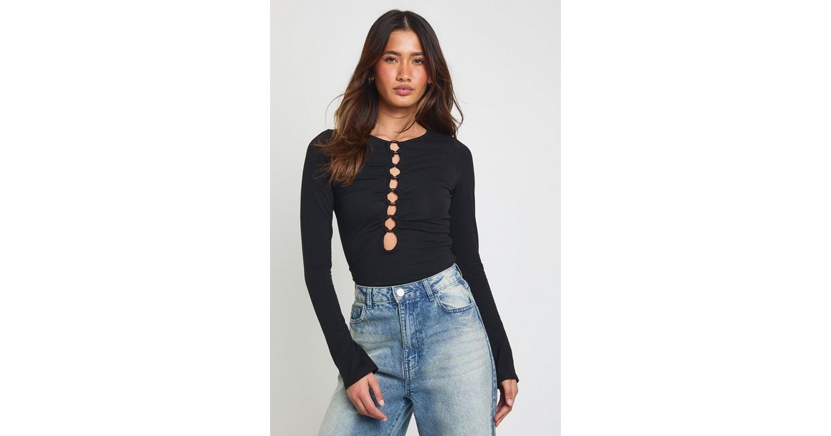 Boohoo Keyhole Detailed Long Sleeve Top With Ring Trims in Blue | Lyst UK