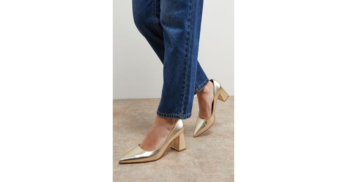 Oasis Val Faux Metallic Leather Pointed High Block Heel Courts in Blue ...
