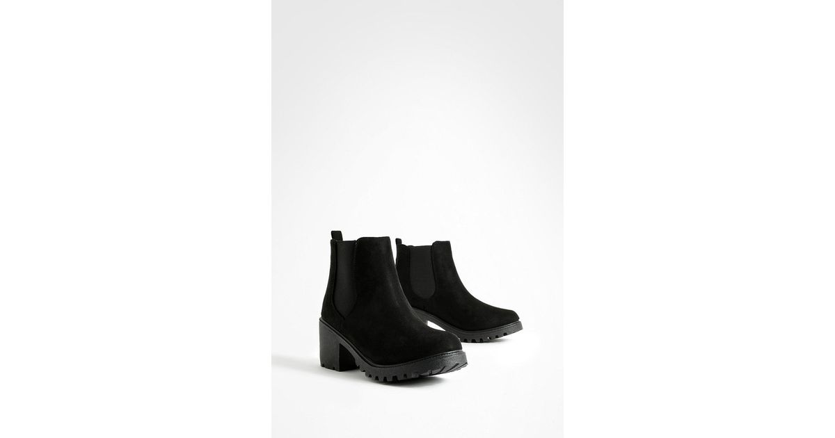 Boohoo Faux Suede Cleated Chunky Chelsea Boots in Black | Lyst UK