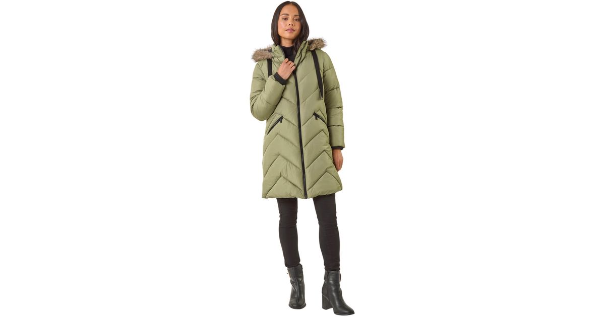 Roman Petite Contrast Zip Puffer Coat in Green | Lyst UK