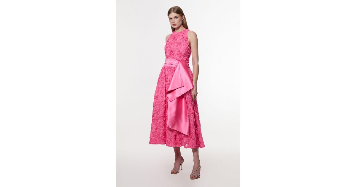 Karen Millen Romantic Rosette Texture Woven Prom Midi Dress in Pink ...