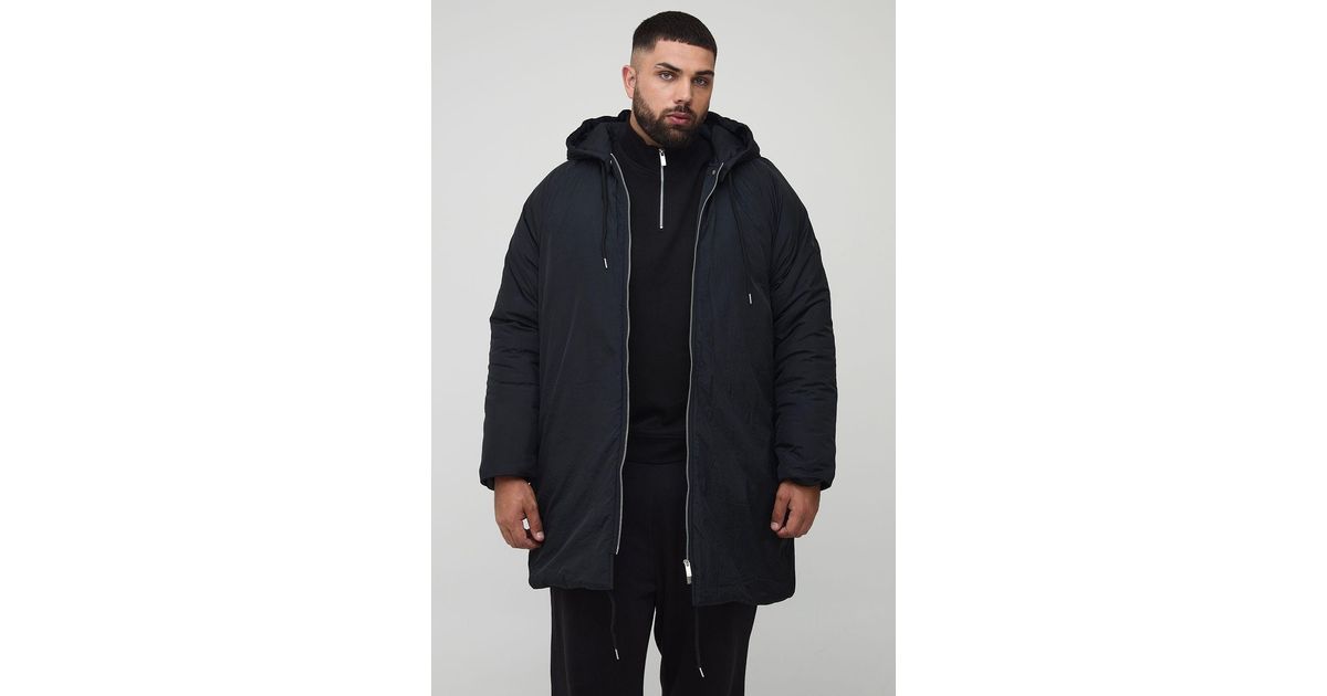 BoohooMAN Plus Regular Fit Longline Hooded Zip Up Padded Parka in Blue ...
